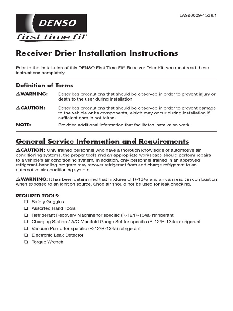 Denso Receiver Drier Installation Instructions | PDF | Refrigerante ...
