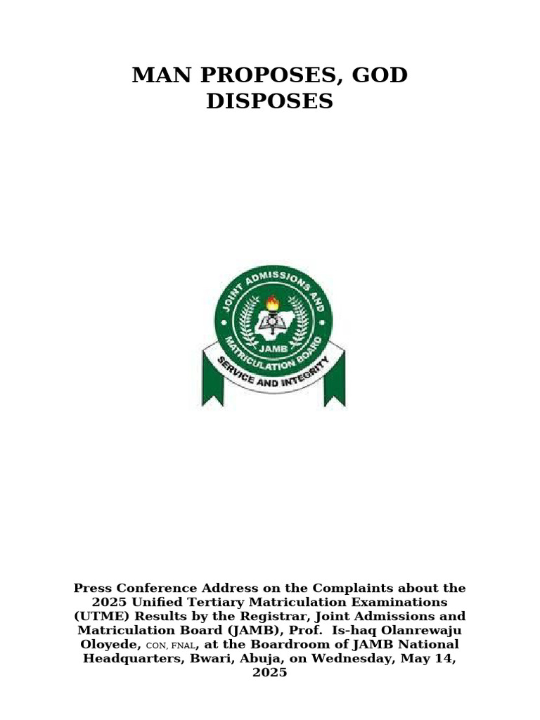 Speech - Registrar - Man Proposes, God Disposes Prof. Oloyede (03 ...