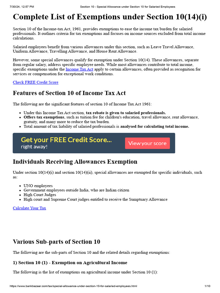 Special Allowances Exemptions Under Section 10 | PDF | Tax Exemption ...