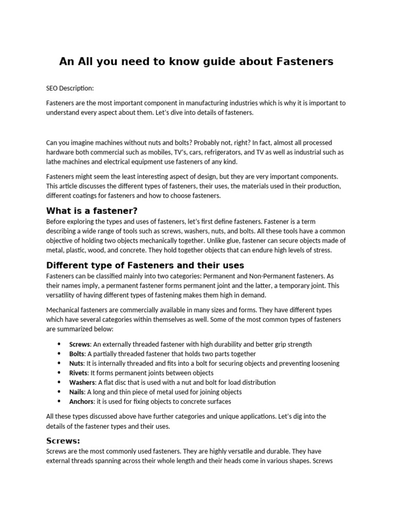 Understanding Fasteners and Their Uses | PDF | Screw | Stainless Steel