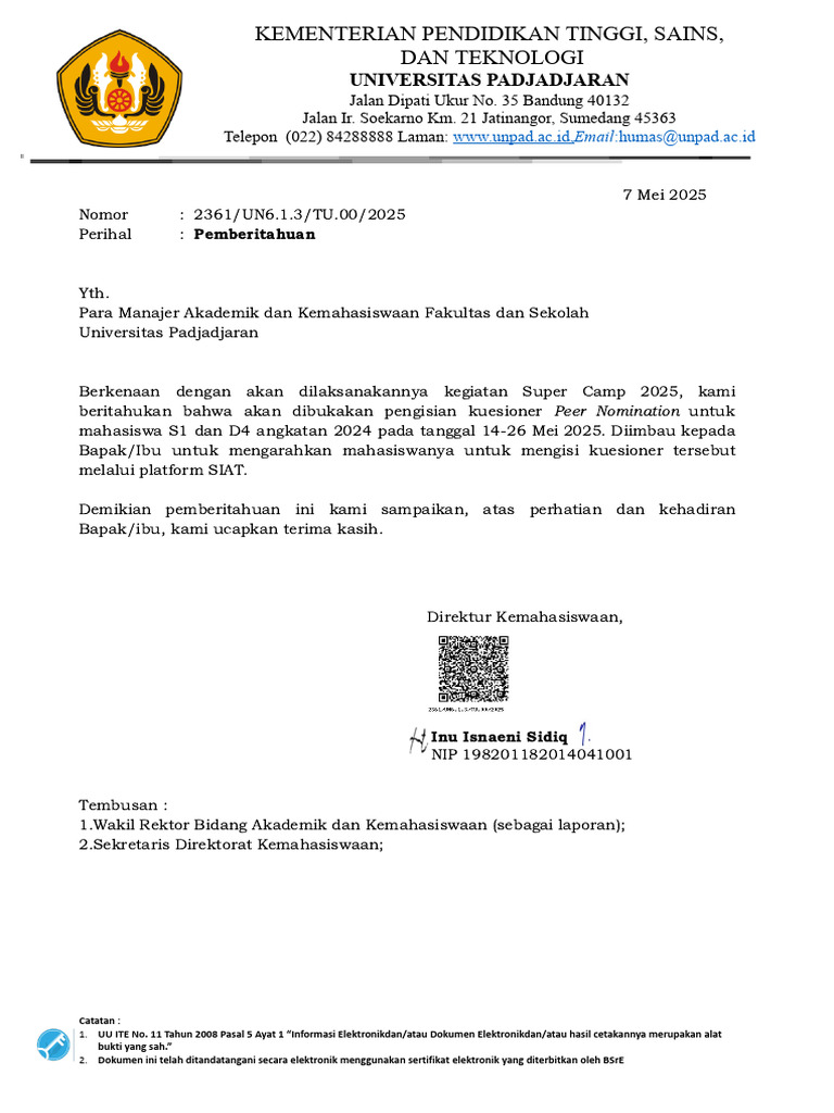 Surat Pemberitahuan Pengisian Peer Nomination | PDF