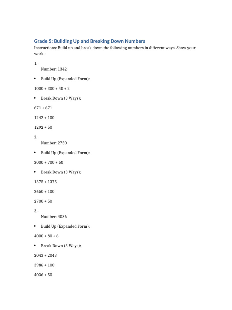 Grade 5 Number Breakdown Worksheets | PDF