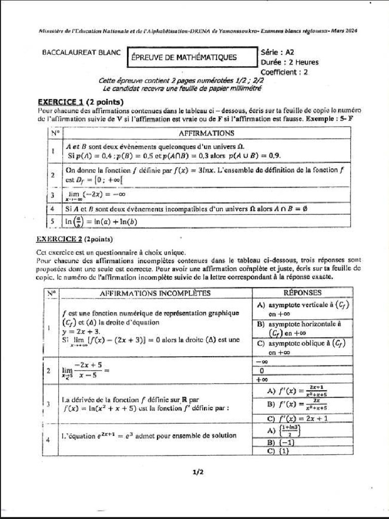 Bac Blanc 2024 Mathematiques Serie A2 Regional de Yamoussoukro Mars 2024 | PDF