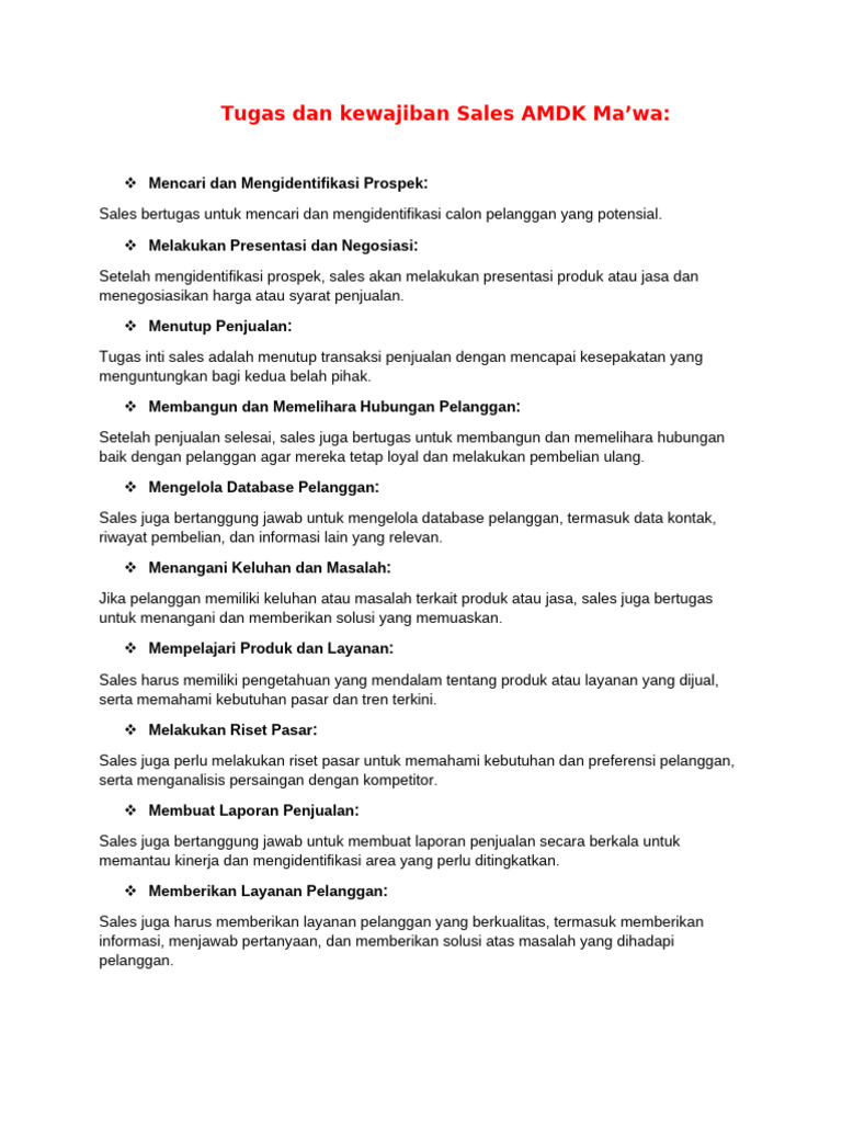 Tugas Dan Kewajiban Sales AMDK MaWa | PDF