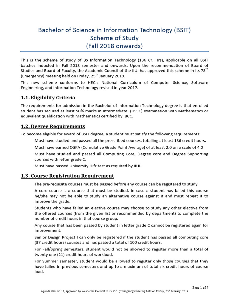 Approved BSIT Scheme of Studies 2018 150219 | PDF | Academic Degree ...
