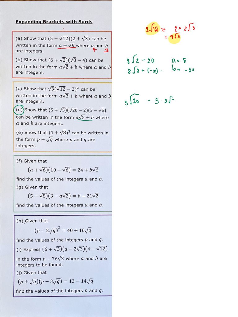 COULD Expanding Brackets With Surds Practice Strips Answers | PDF