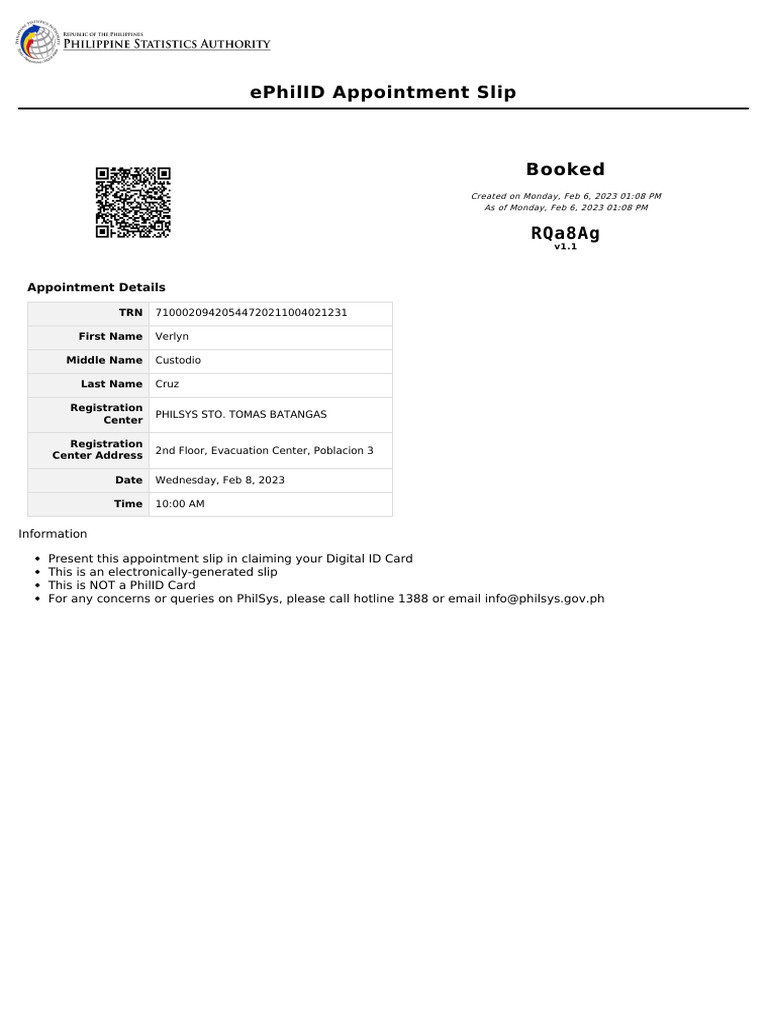 Ephilid Appointment Slip: Rqa8Ag | PDF