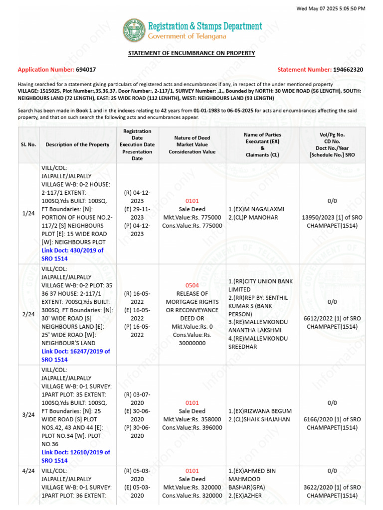 Property Encumbrance Statement 2025 | PDF | Legal Documents | Real Property Law