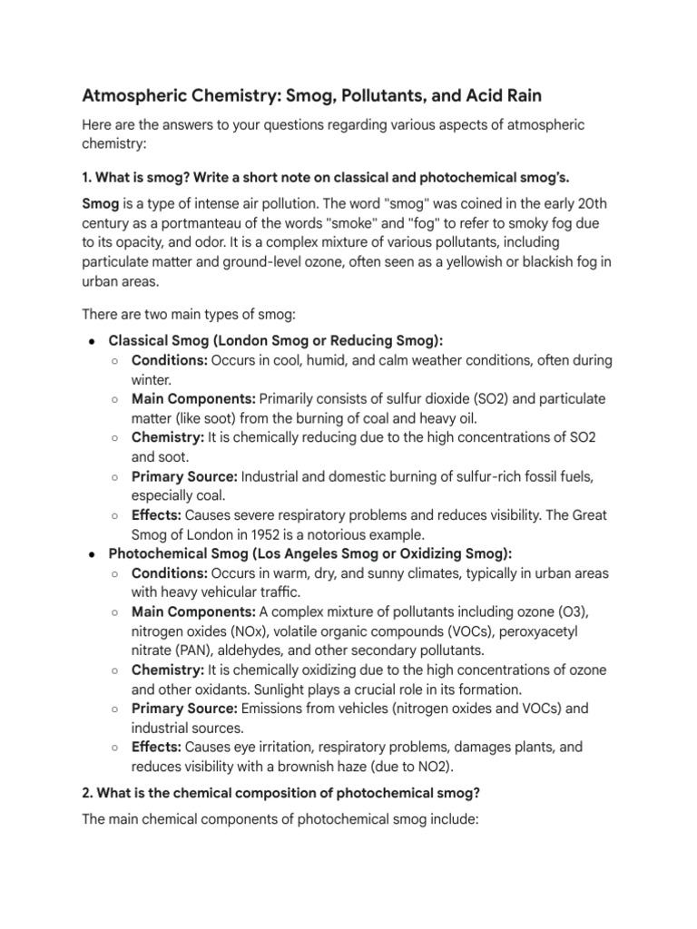 Atmospheric Chemistry - Smog, Pollutants, and Acid Rain Explained | PDF ...