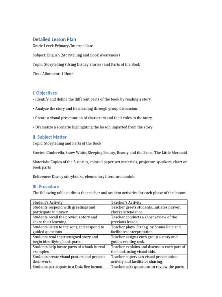 Storytelling Lesson Plan Detailed | PDF | Lesson Plan | Teachers