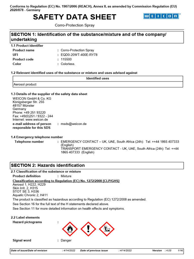 SDS 115500 de en Corro-Protection+Spray | PDF | Safety | Occupational ...