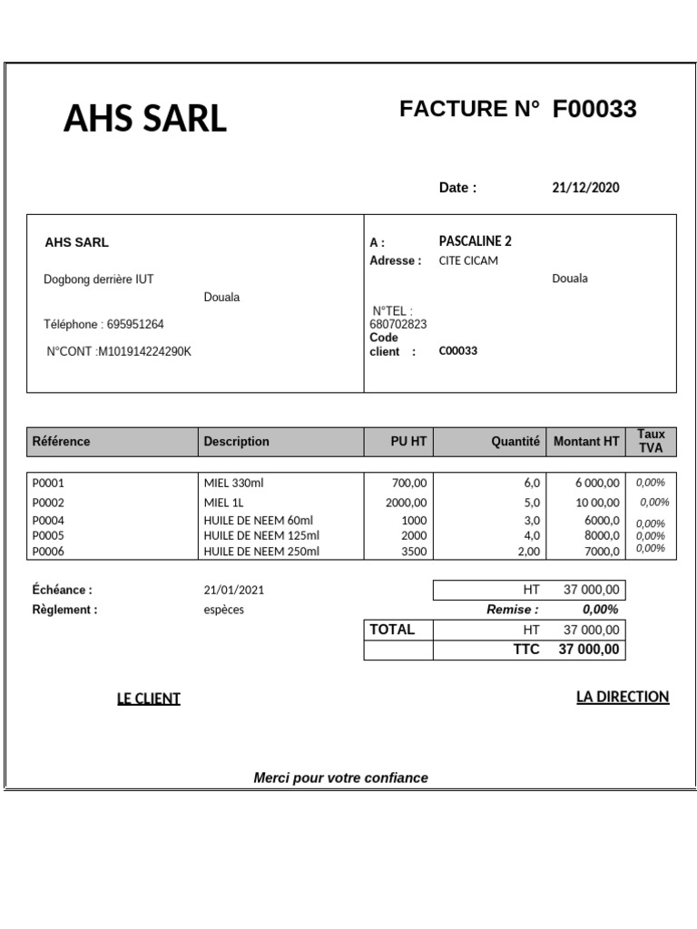 Facture AHS SARL - Client Pascaline 2 | PDF
