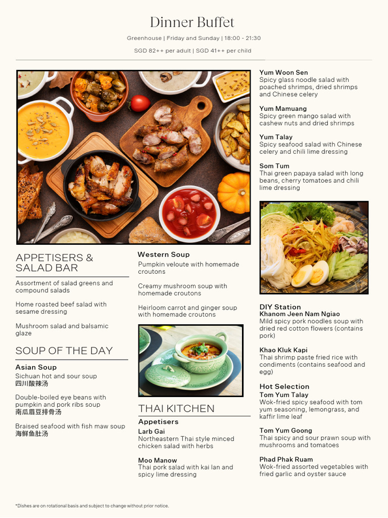 Dinner Buffet at Greenhouse: Menu Highlights | PDF | Thai Cuisine | Sushi