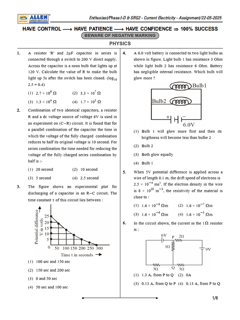Current Electricity - Assignment | PDF | Series And Parallel Circuits | Voltage