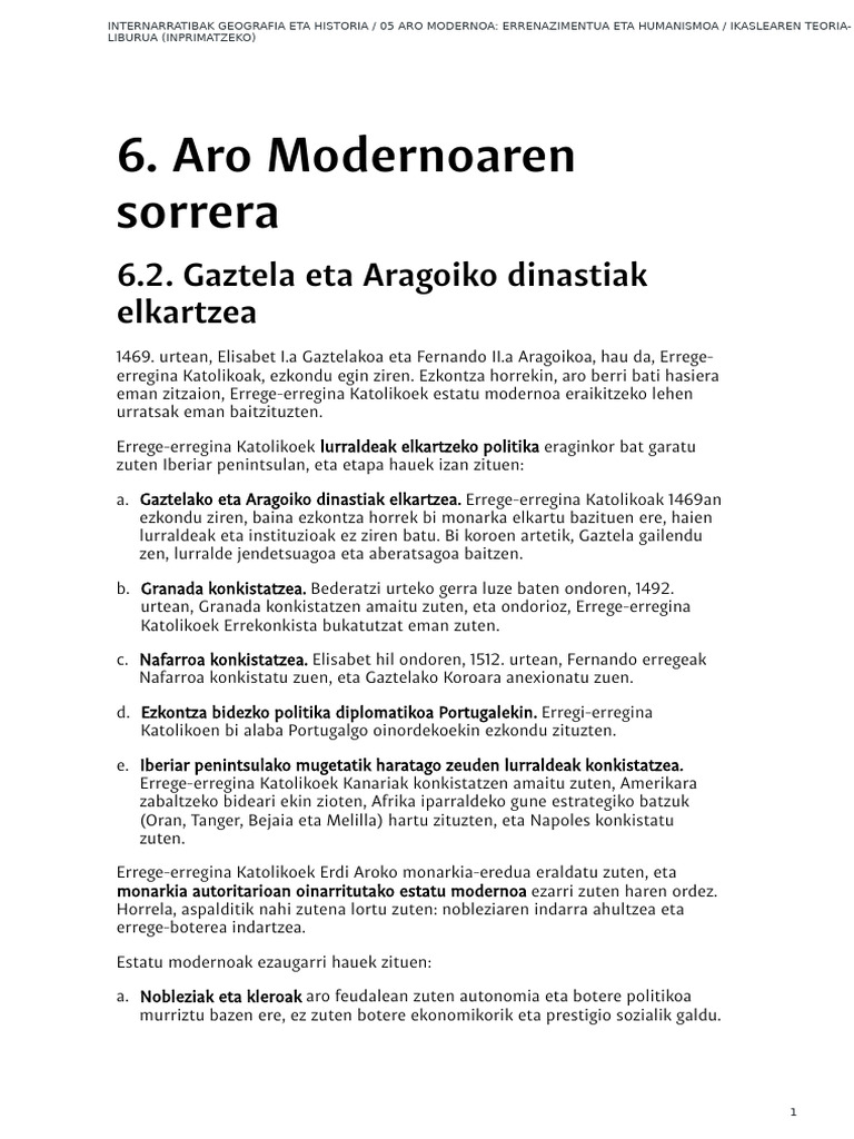 05 Aro Modernoa - Errenazimentua Eta Humanismoa - Ikaslearen Teoria-Liburua (Inprimatzeko) | PDF