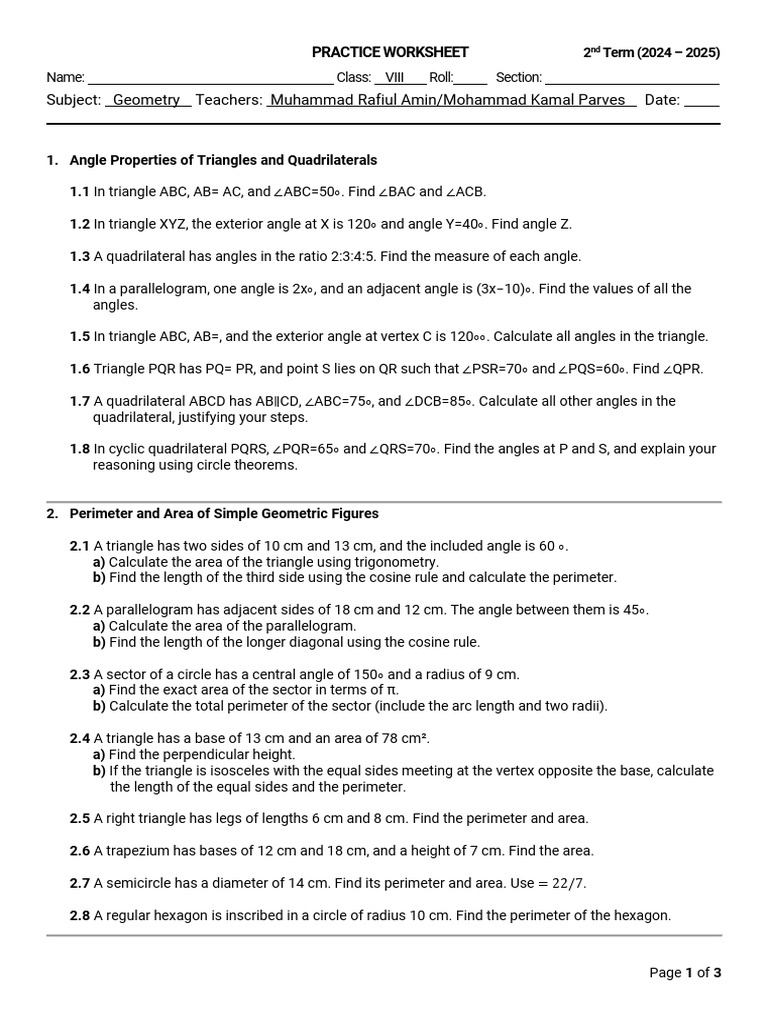 VIII-Geometry Practice Worksheet | PDF | Circle | Triangle