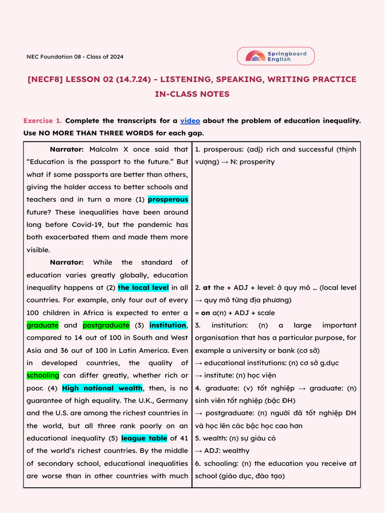 (NECF8) Lesson 02 (14.7.24) - Listening, Speaking, Writing Practice ...