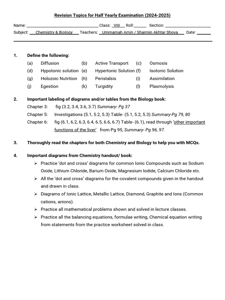 Half Yearly Exam Revision: Chemistry & Biology | PDF