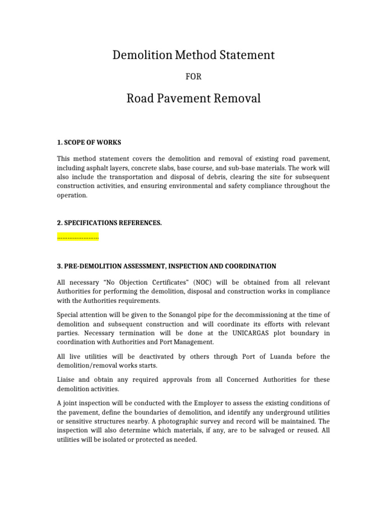 Road Pavement Demolition Method Statement | PDF | Demolition | Road