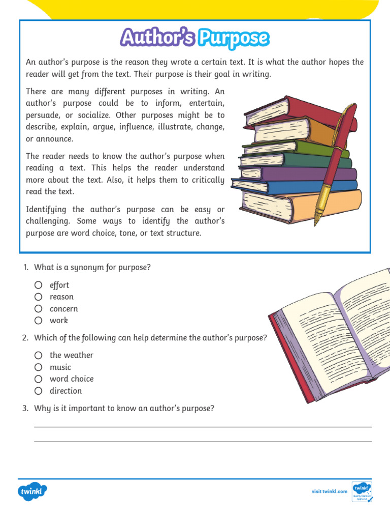 Color Fourth Grade Author's Purpose Reading Passage Comprehension ...