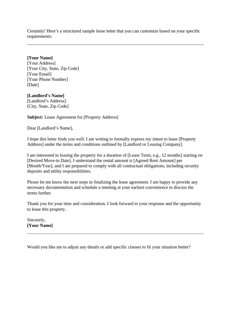 Sample Lease Agreement Letter | PDF