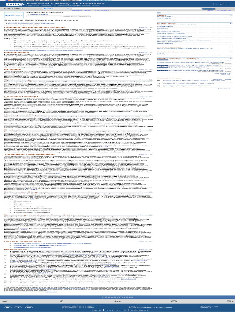 Cerebral Salt Wasting Syndrome - StatPearls - NCBI Bookshelf | PDF ...