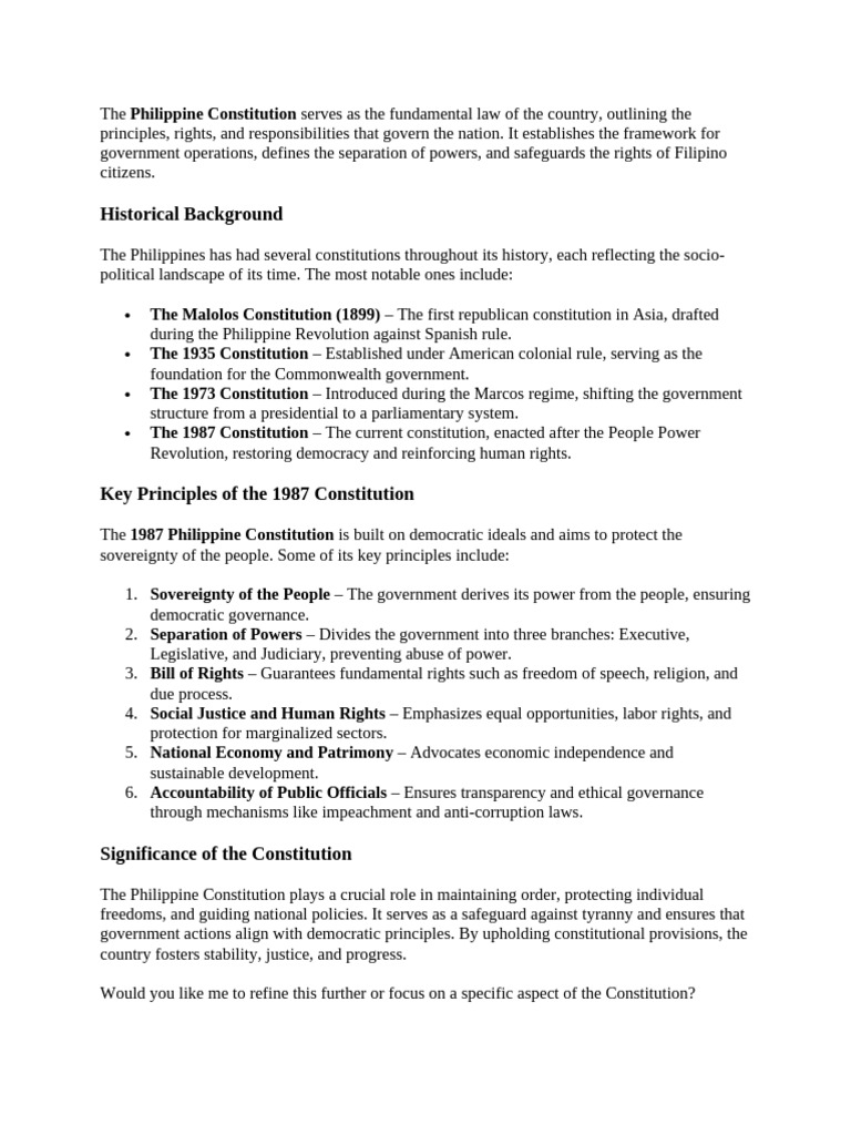 The Philippine Constitution ESSAY | PDF | Constitution | Democracy