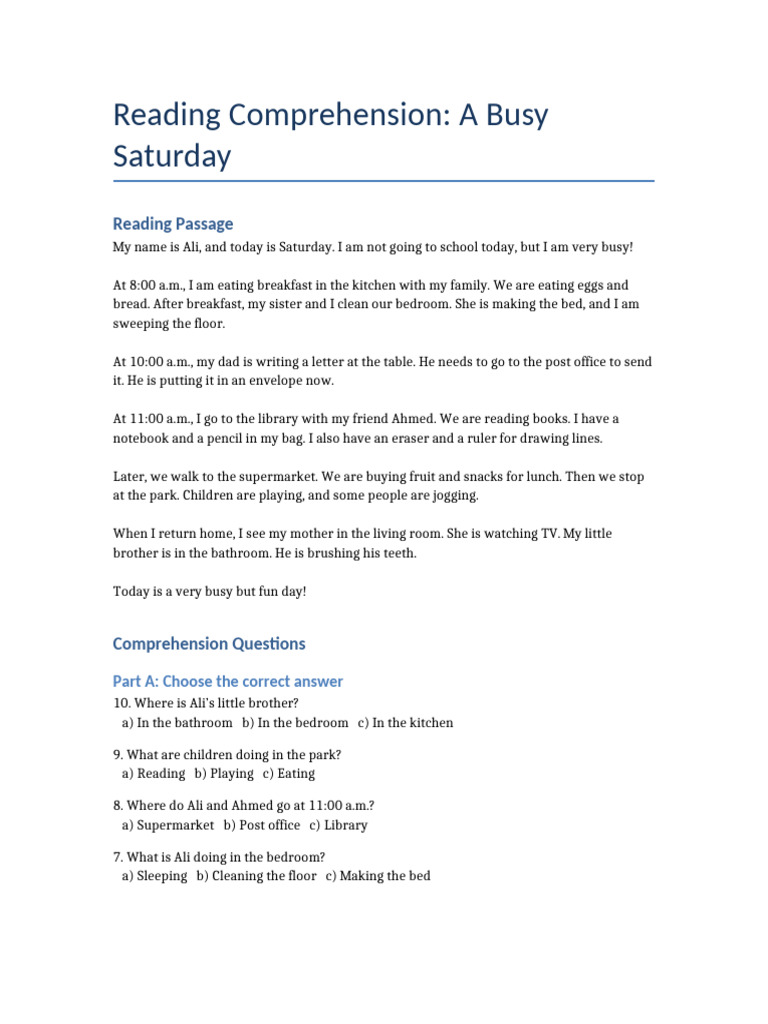 Saturday Reading Comprehension Activity | PDF