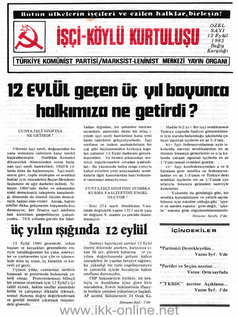 Isci Koylu Kurtulusu 12 Eylul 1983 Ozel Sayi | PDF