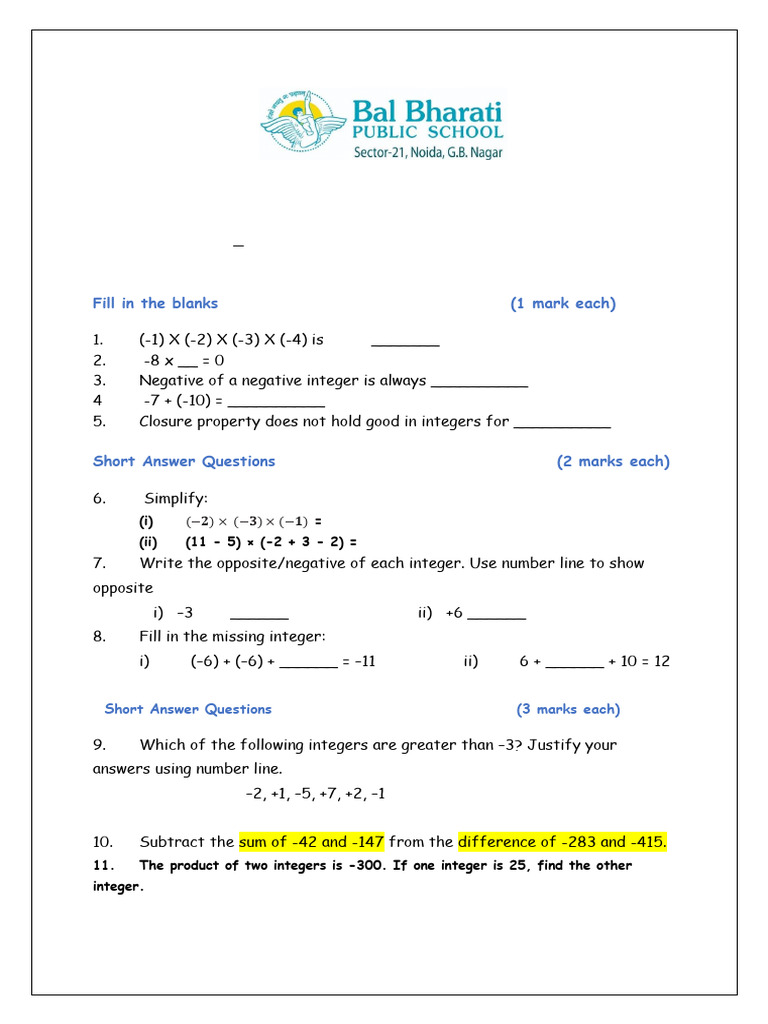 VII Maths Worksheet Integers | PDF | Numbers | Integer