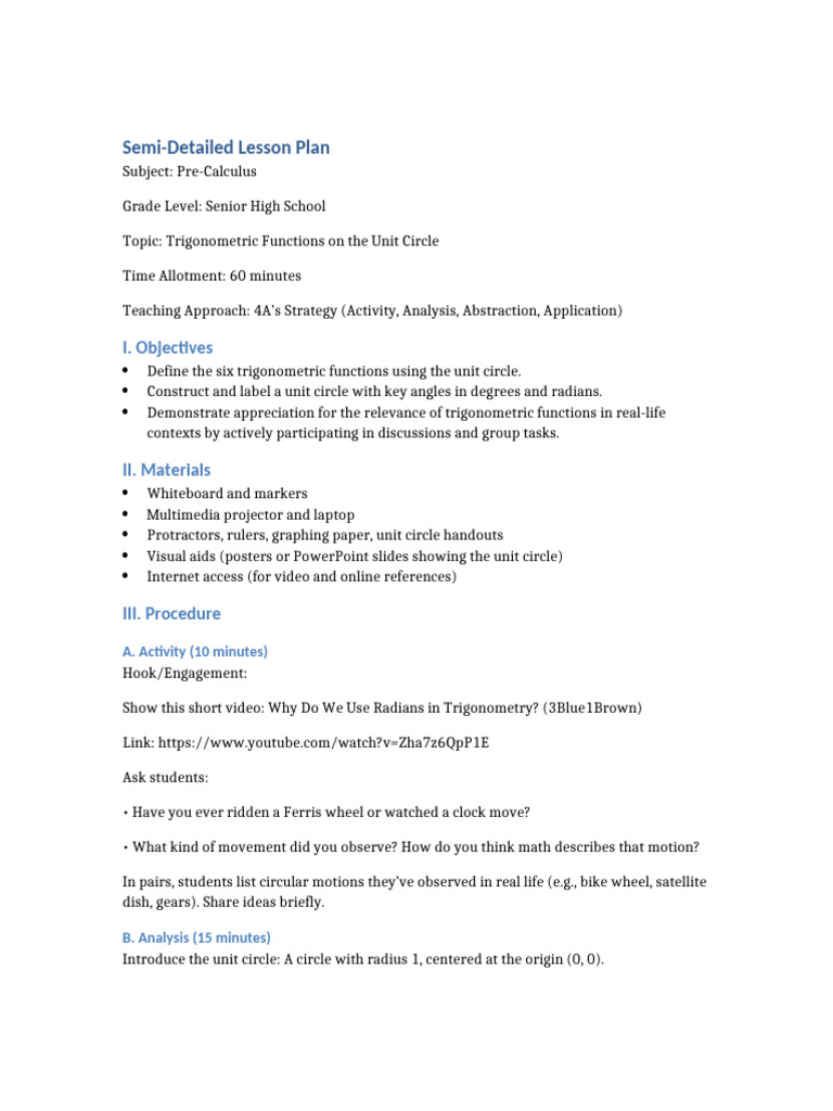 Trigonometric_Functions_Unit_Circle_Lesson_Plan | PDF | Trigonometry ...