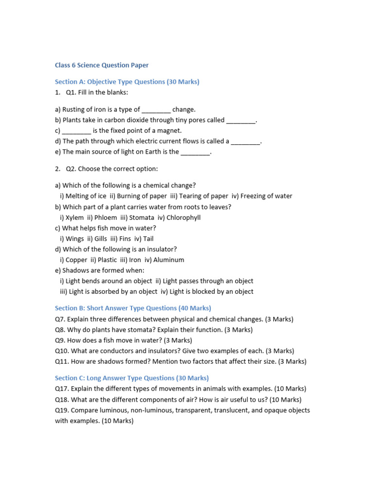 Class6 Science Question Paper | PDF
