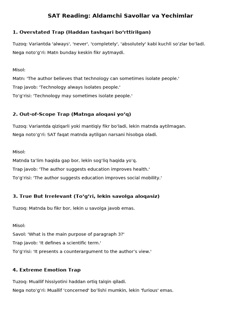 SAT Reading Trap Questions Uz | PDF