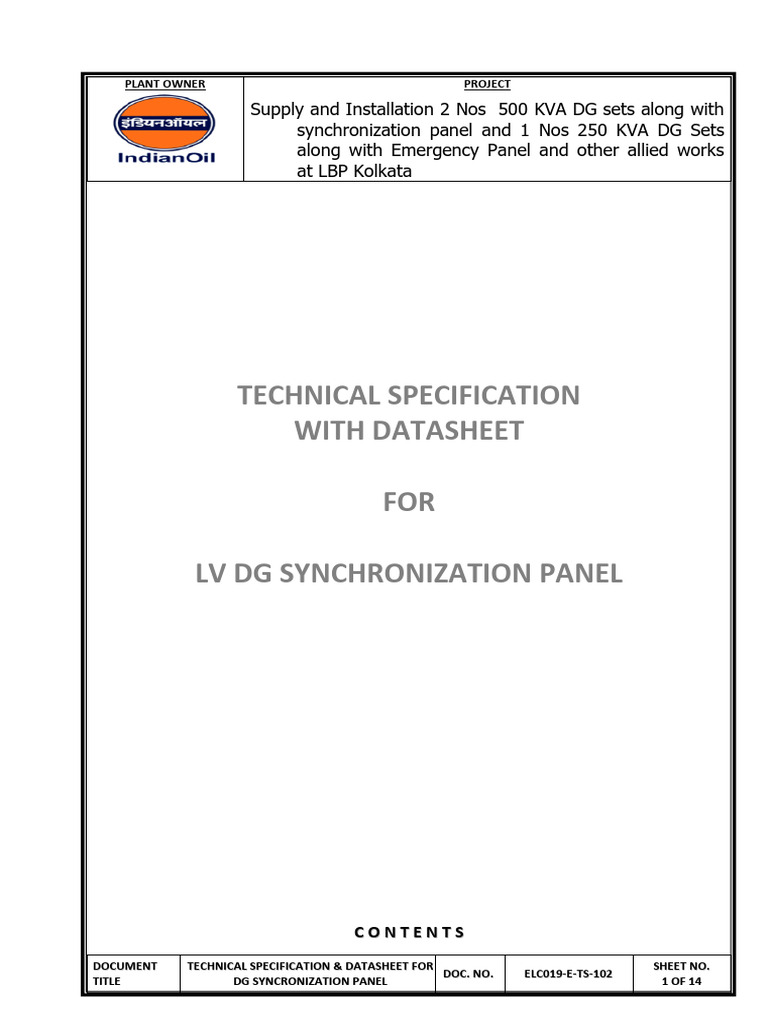 DG Synchronization Panel Specs for Kolkata | PDF | Electrical Wiring ...