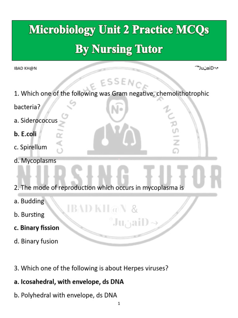 Micro Unit 2 Practice MCQs by Nursing Tutor | PDF | Cell (Biology) | Bacteria