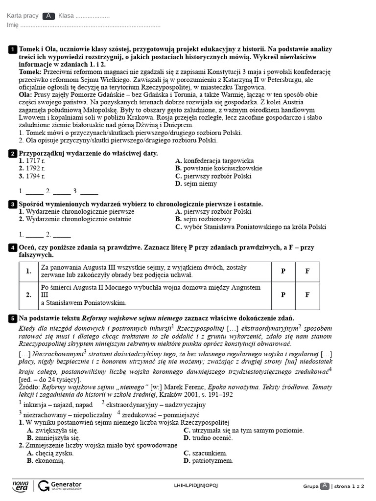 Upadek Rzeczypospolitej Karta Pracy | PDF