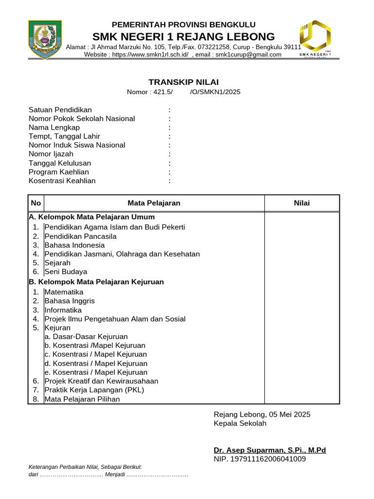 Contoh Transkip Nilai | PDF