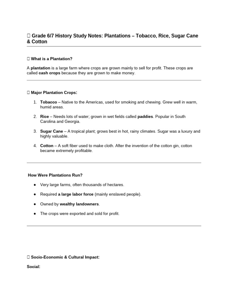 ? Grade 7: Plantations - Tobacco, Rice, Sugar Cane & Cotton | PDF ...