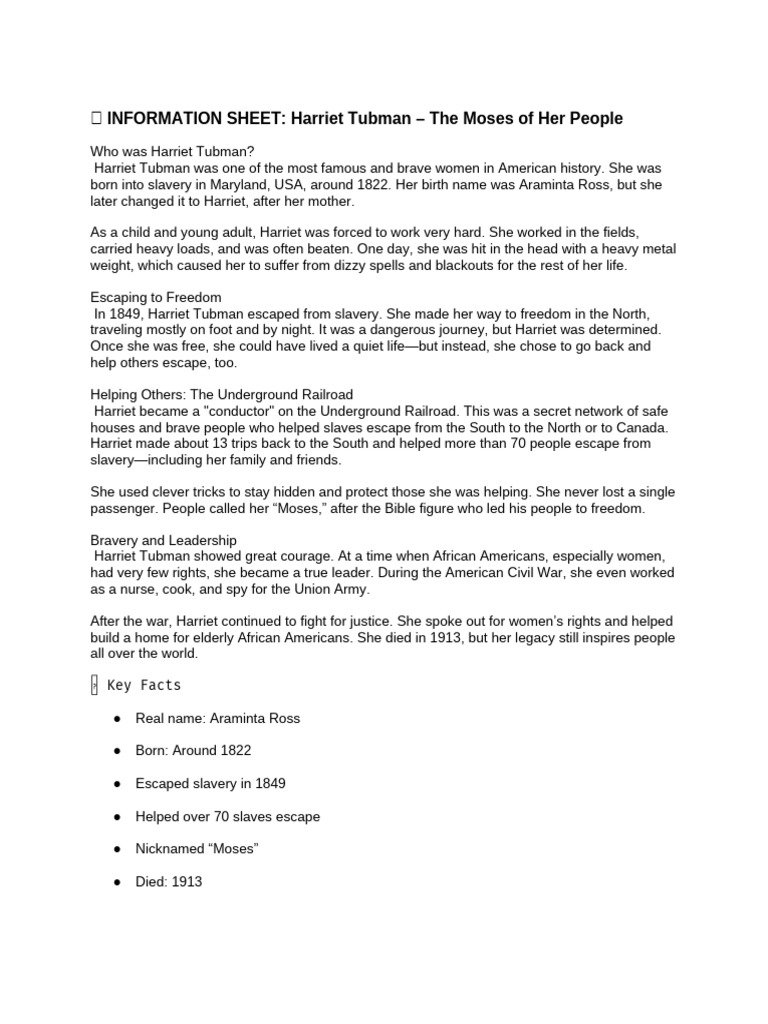 ? INFORMATION SHEET - Harriet Tubman - The Moses of Her People | PDF ...