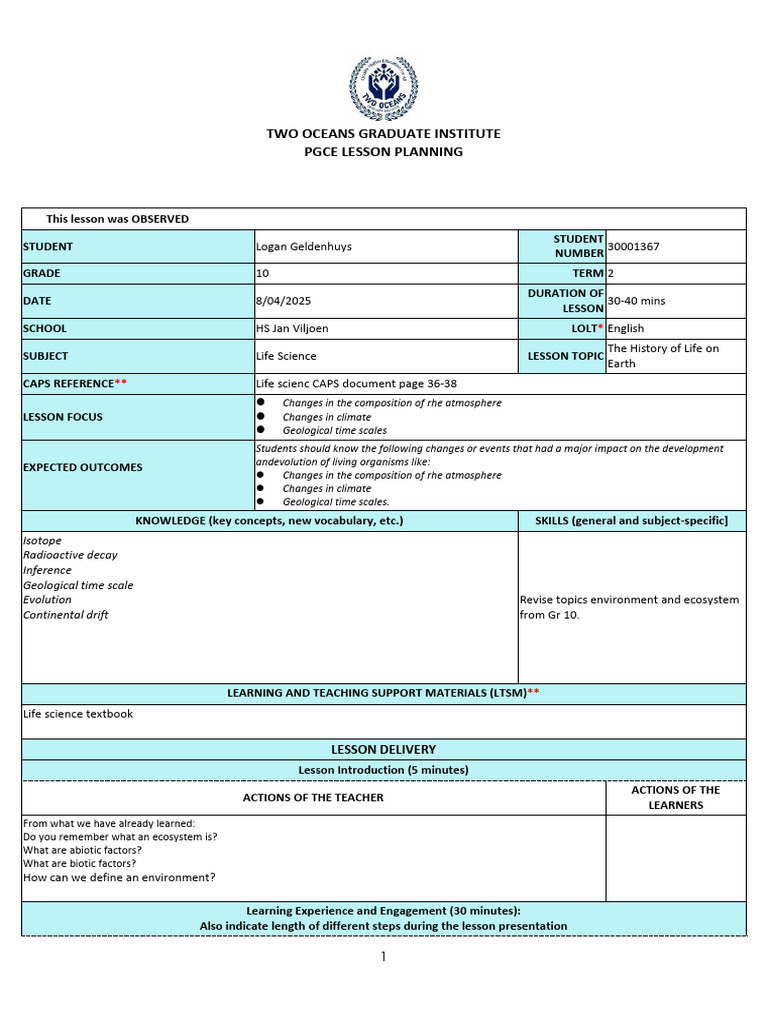 Grade 10 Life Science Lesson Plan | PDF | Earth | Oxygen