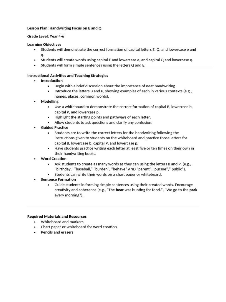 Handwriting Lesson Plan for E and Q | PDF