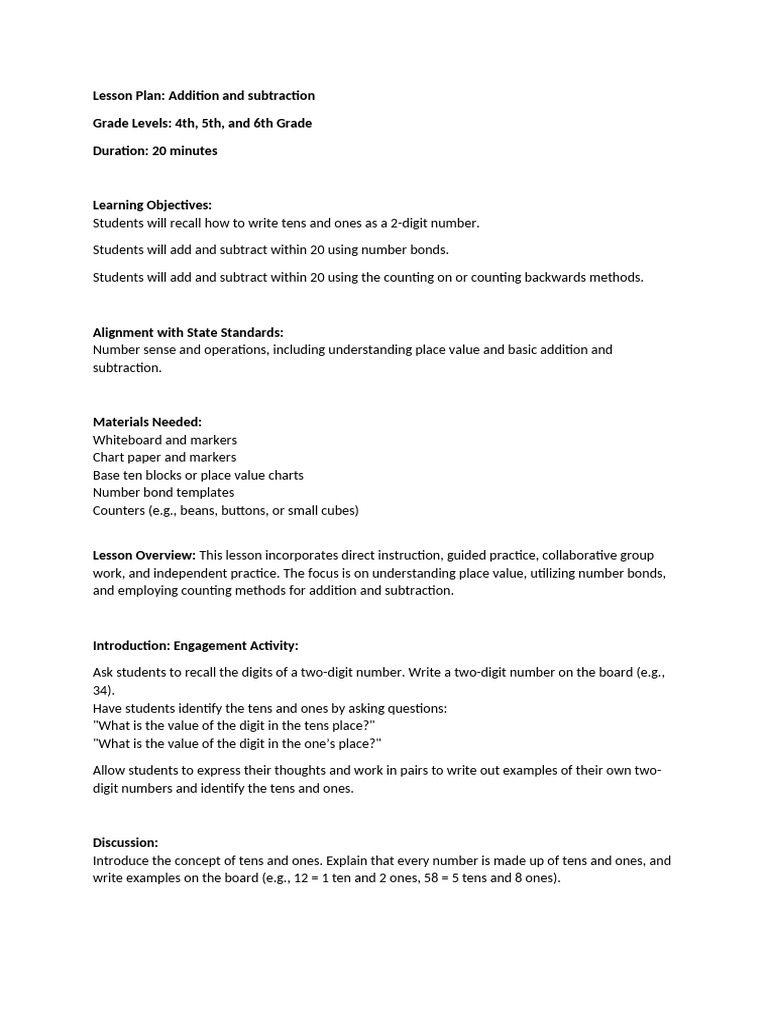 Lesson Plan Addition and Subtraction | PDF | Lesson Plan | Learning