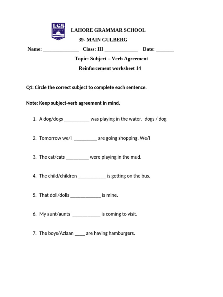 Revision Worksheet 14 Subject Verb Agreement 2 | PDF