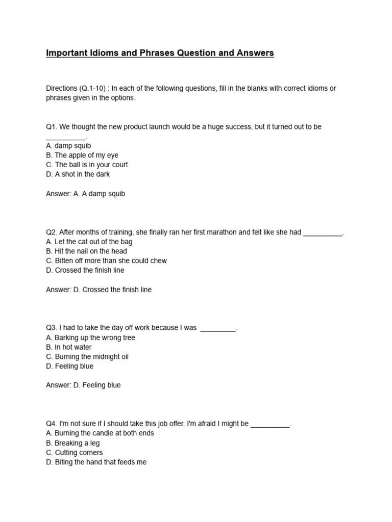 Important Idioms and Phrases Question and Answers | PDF