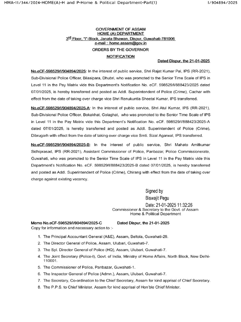 Transfer & Posting of 3 IPS Officers (Promoted To STS) | PDF