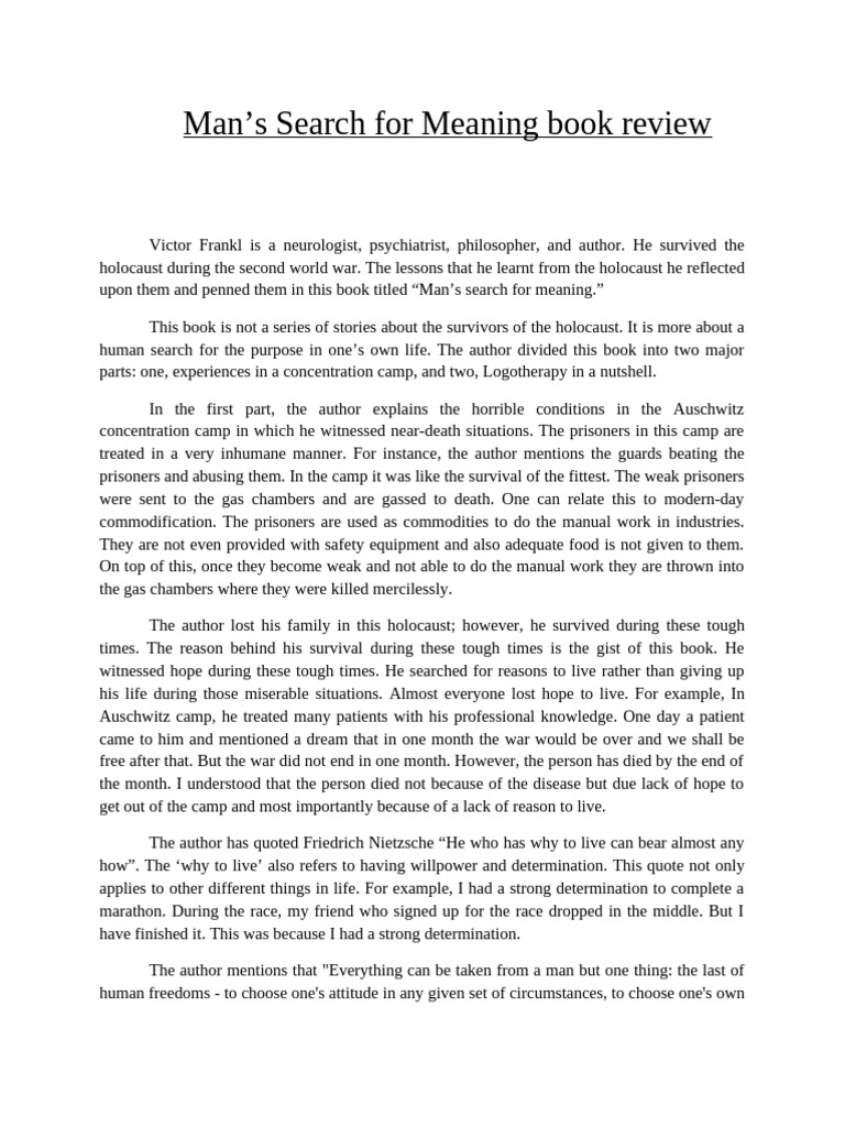 Mans Search For Meaning Book Review | PDF