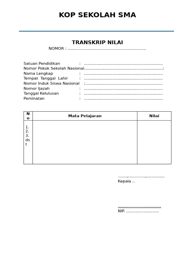 Template Transkrip Nilai Sma k13 | PDF