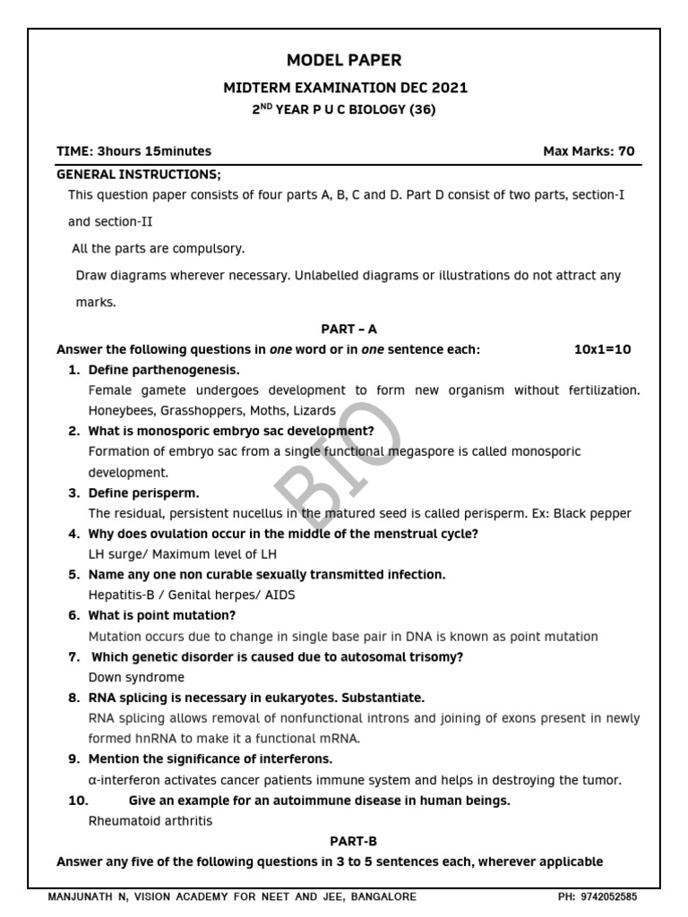 Bio Midterm Model Papers Dec 2021 | PDF | Operon | Genetic Code