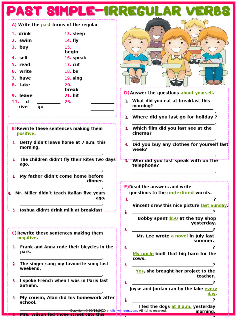 Past Simple Tense Irregular Verbs Esl Printable Grammar Test Worksheet ...