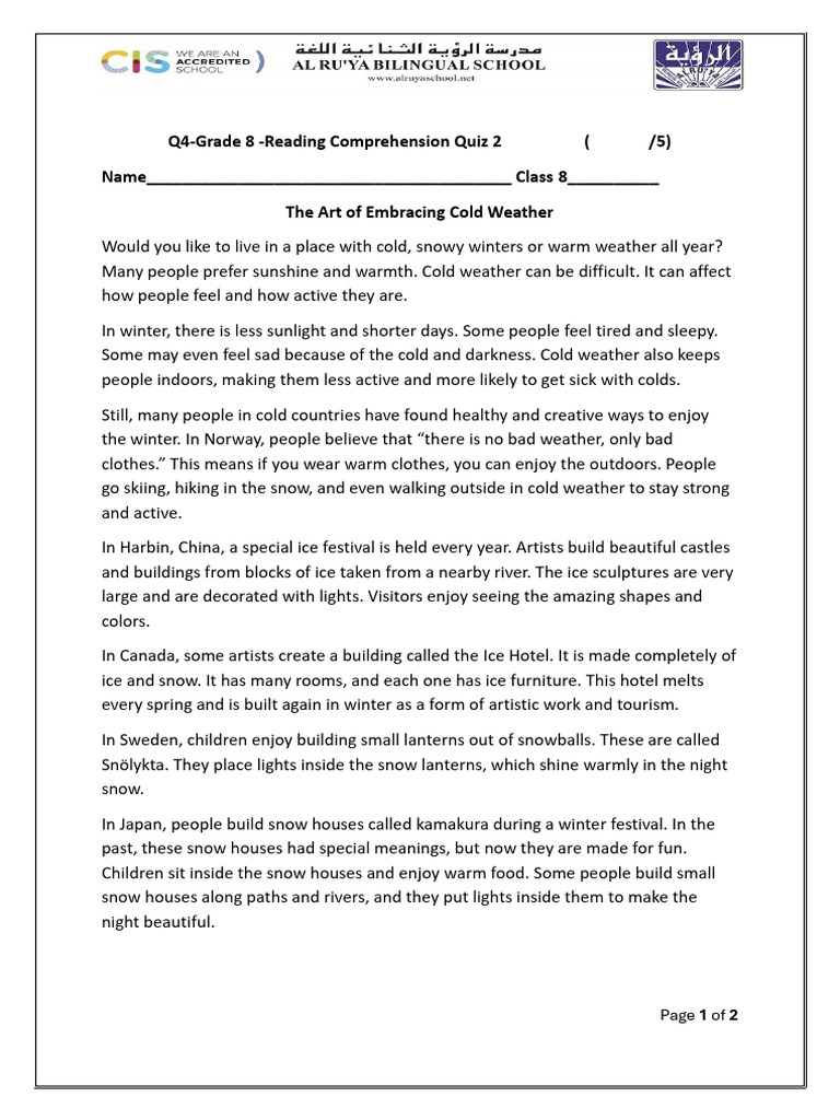 Q4-Grade 8 - Reading Comprehension Quiz 2 | PDF | Snow | Ice